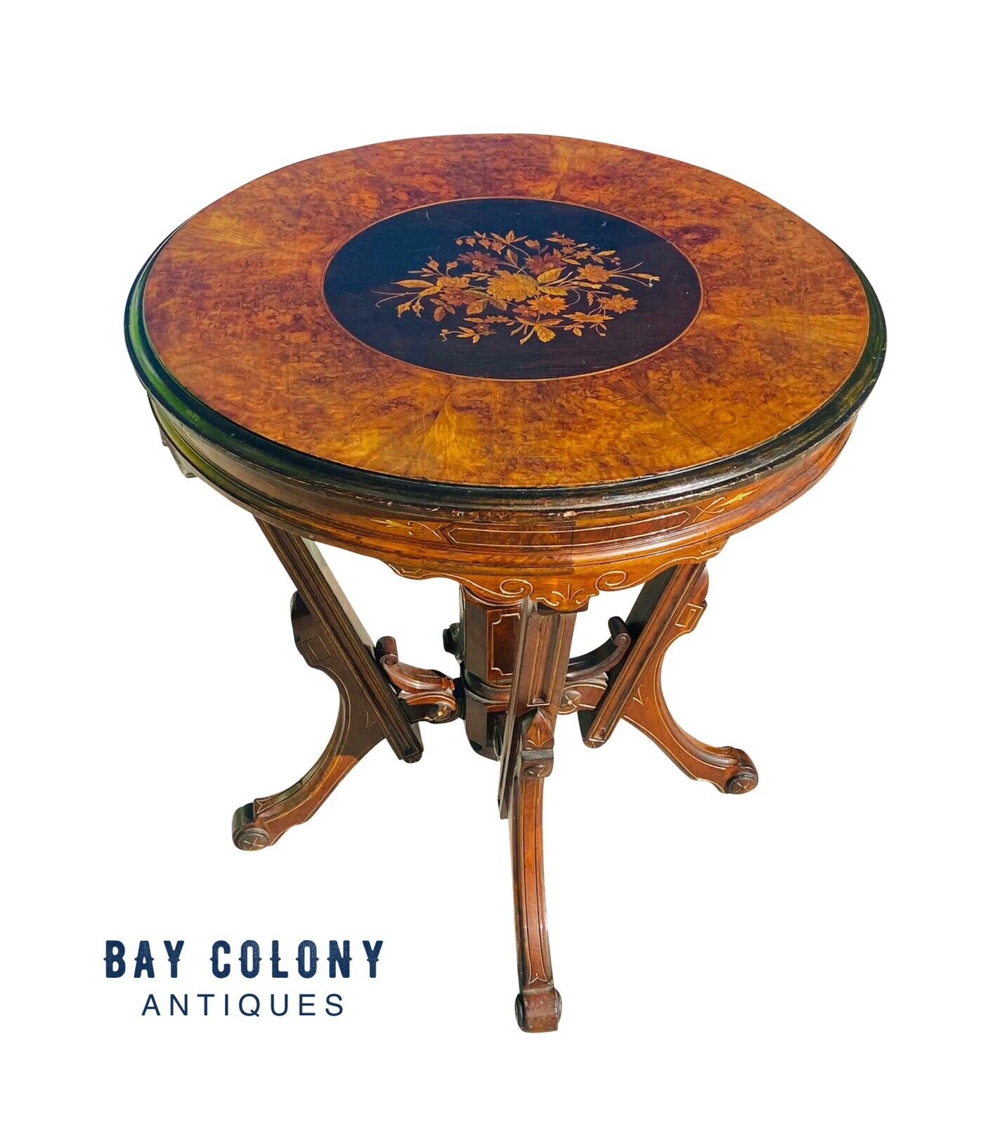 Victorian Renaissance Revival Burled Walnut Floral Marquetry Inlaid Pa ...