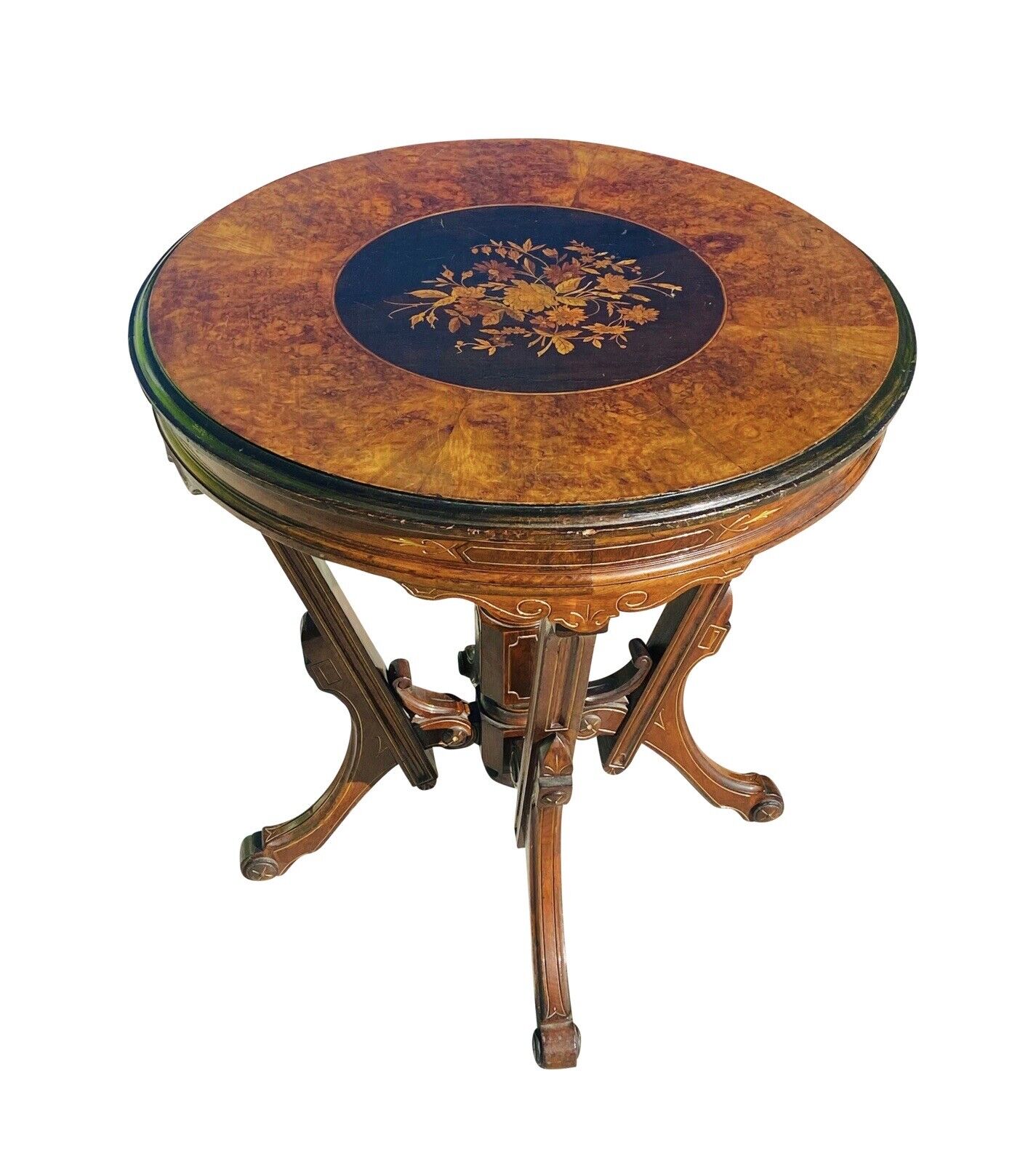 Victorian Renaissance Revival Burled Walnut Floral Marquetry Inlaid Pa Bay Colony Antiques